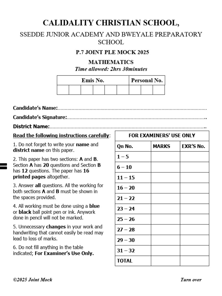 p7 Joint Ple Mock 2025 - Maths | PDF