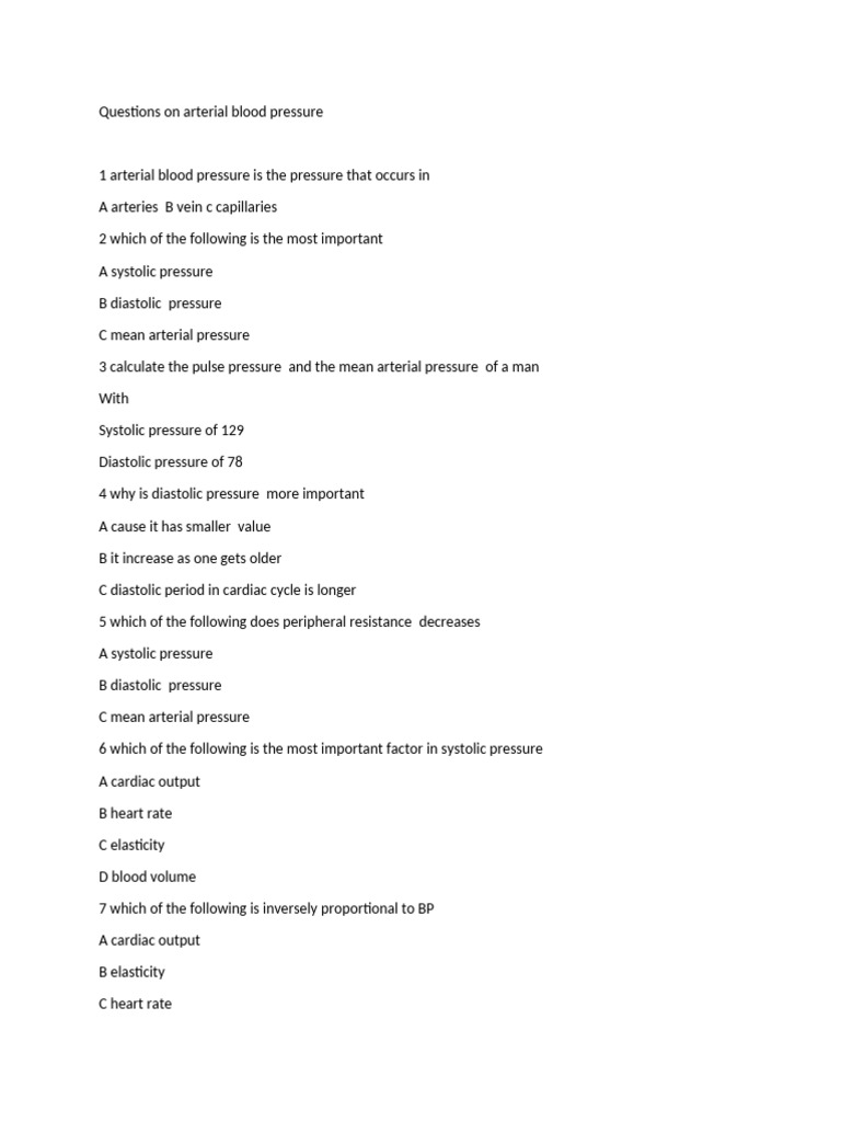 Arterial Blood Pressure MCQ | PDF