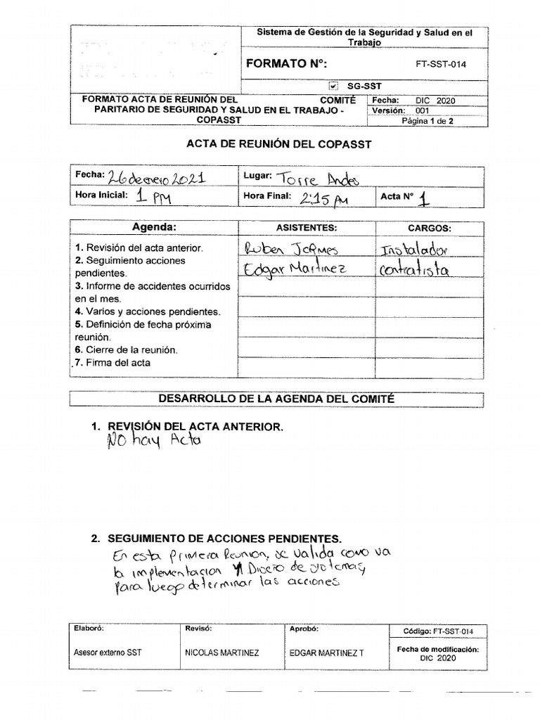 Acta Primera Reunion Copasst | PDF