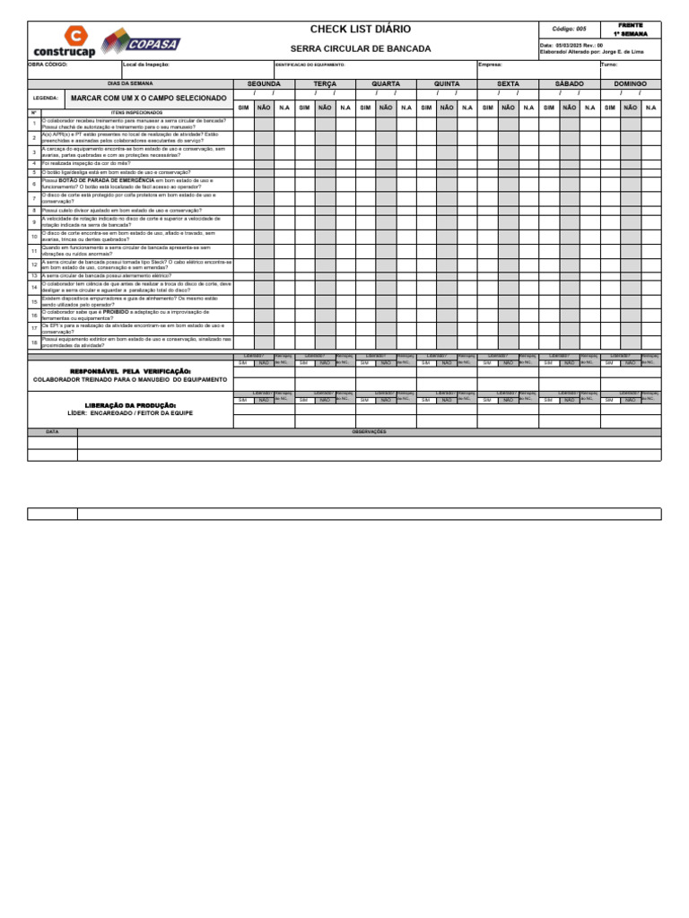 Checklist Diário Serra Circular | PDF