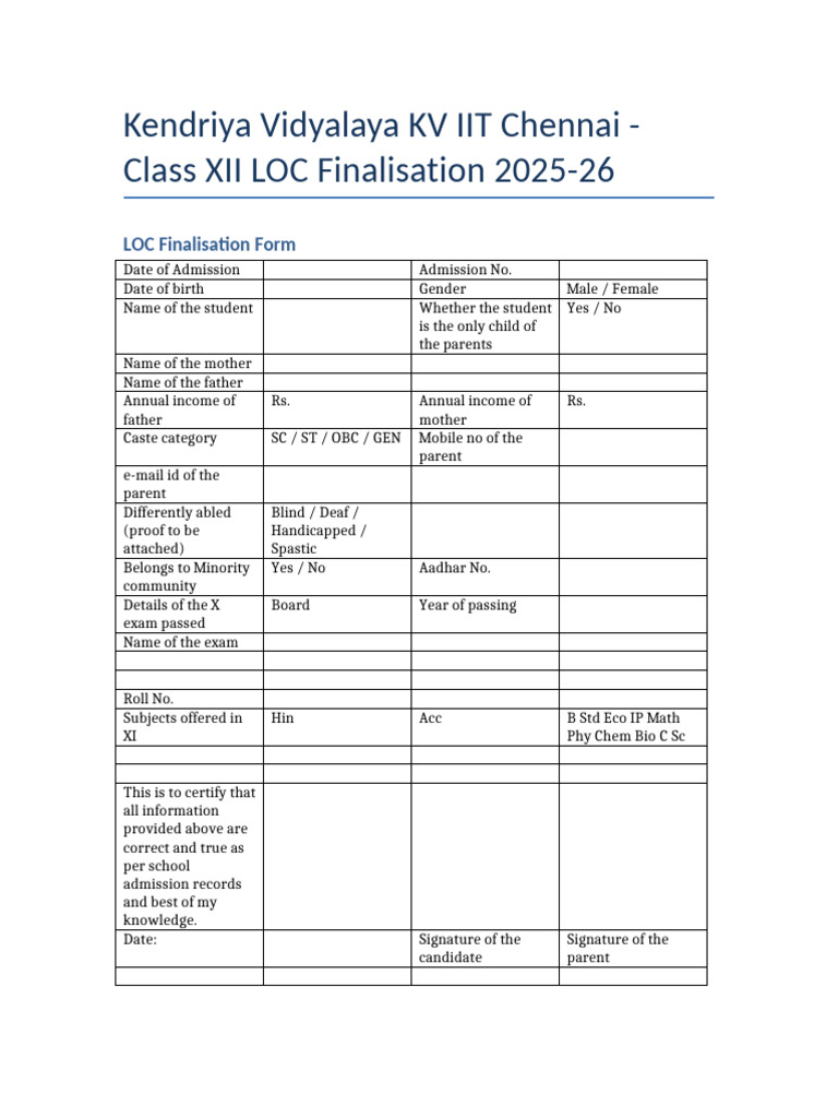 KV IIT Chennai LOC and Income Half Page Format | PDF