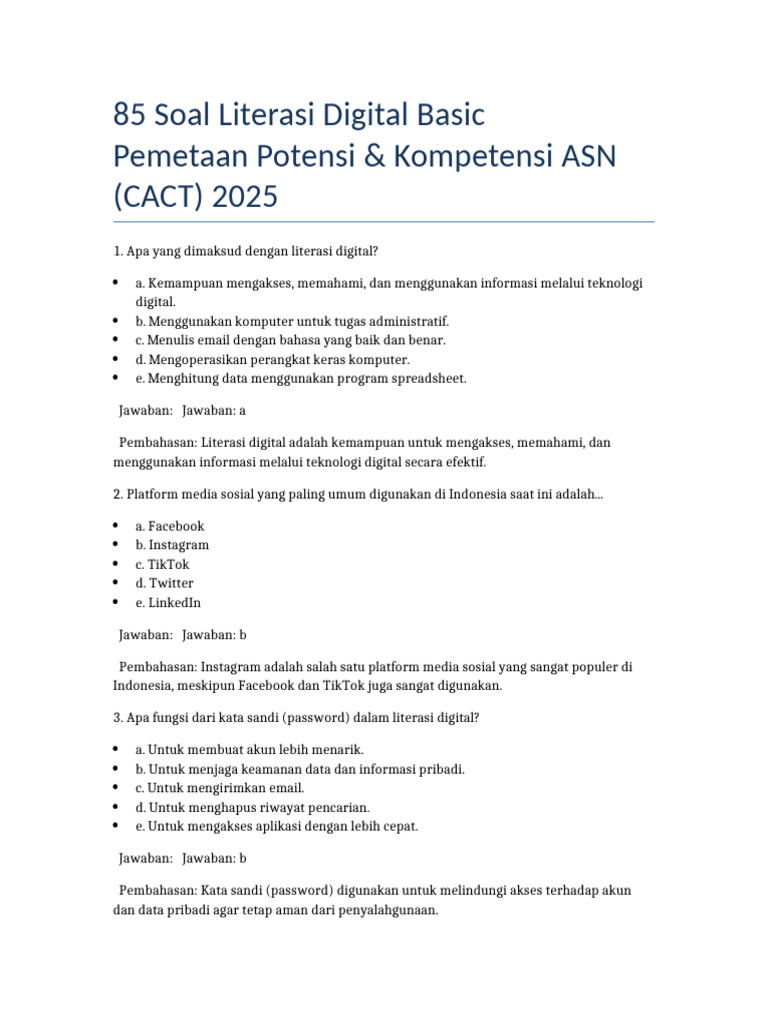85 Soal Literasi Digital Basic ASN 2025 | PDF