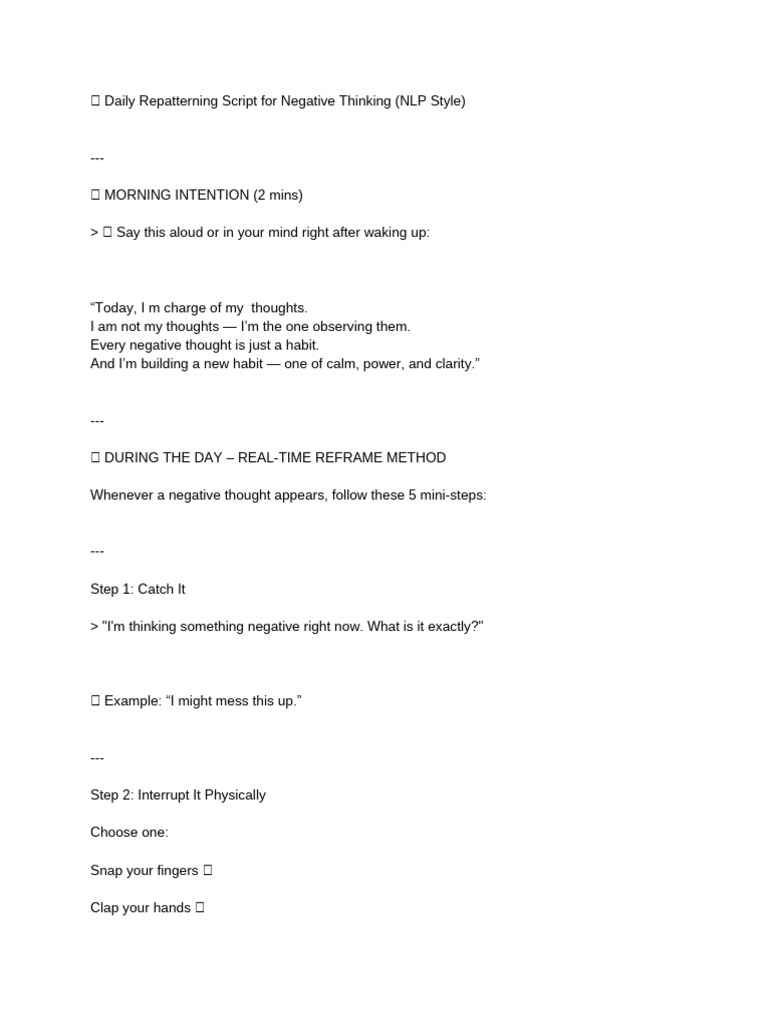 ? Daily Repatterning Script For Negative Thinking (NLP Style) | PDF