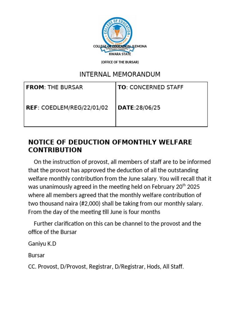 Monthly Welfare Contribution Deduction Notice | PDF