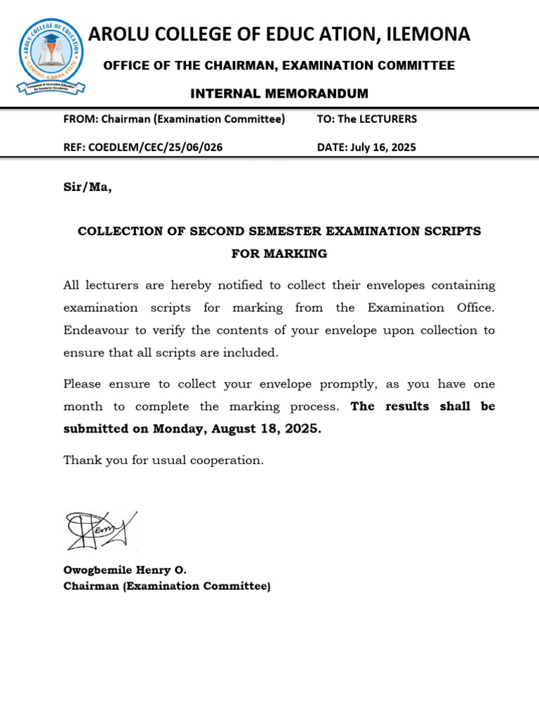 Second Semester Exam Script Collection Notice | PDF