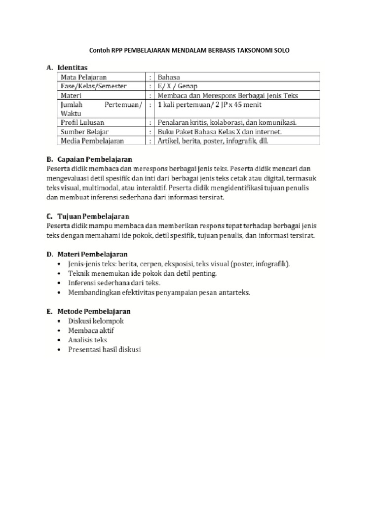 Contoh RPP Pembelajaran Mendalam Berbasis Taksonomi Solo | PDF