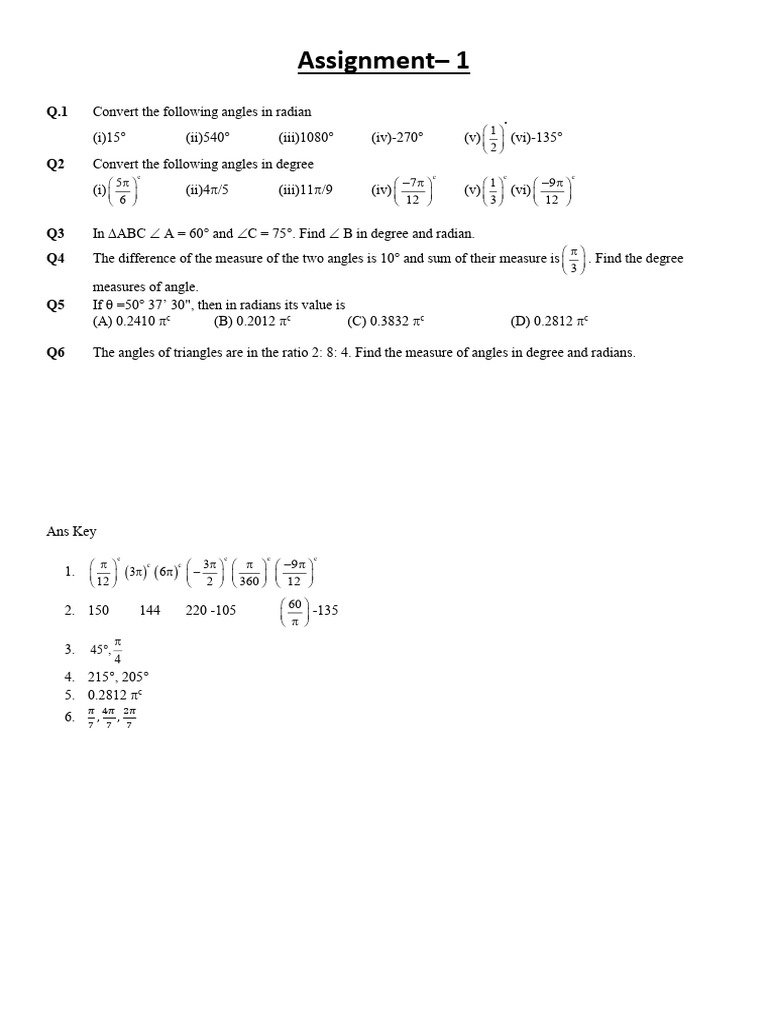 Trigonometry Assignment 1 To 8 | PDF | Circle | Angle