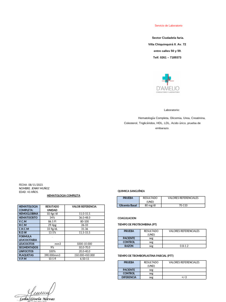 HC + Glicemia + TP TPT Nuevo Sello | PDF