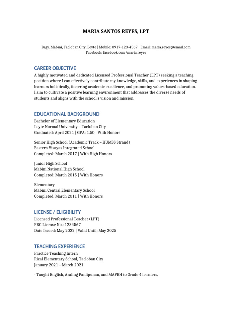 Detailed Resume Teacher Maria Reyes | PDF | Teachers | Educational ...