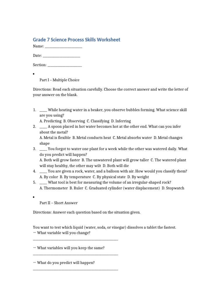 Grade 7 Science Process Skills Worksheet | PDF