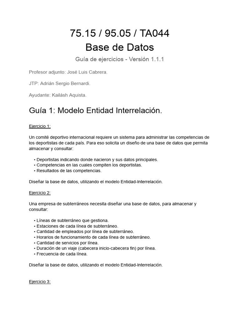 Base de Datos Curso Cabrera Guía de Ejercicios Version 1 | PDF | Base ...