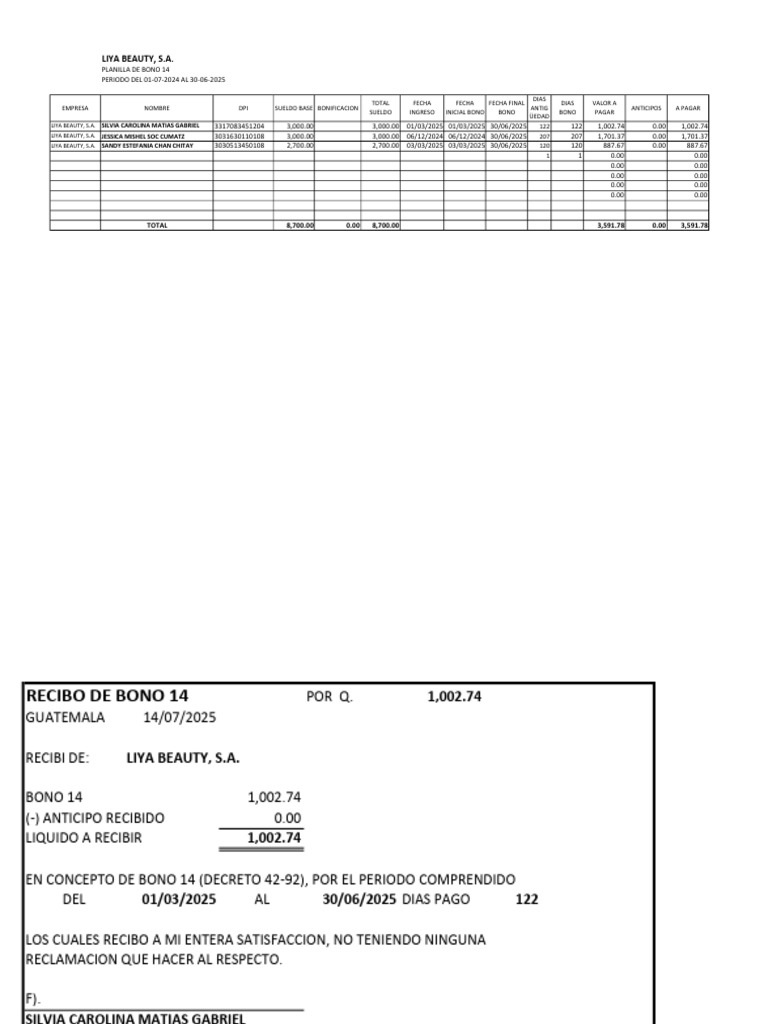 Recibos Bono 14 Liya Beauty 2025 Final | PDF