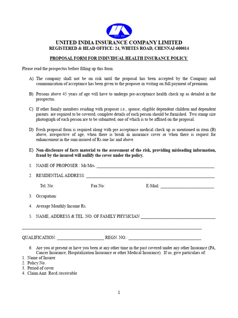 Individual Health Insurance Proposal Form | PDF | Insurance | Underwriting