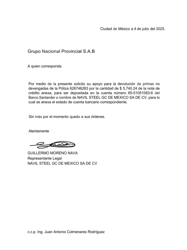 Carta Solicitud de Devolucion | PDF