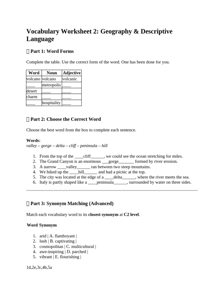 Vocabulary Worksheet 2-Question | PDF
