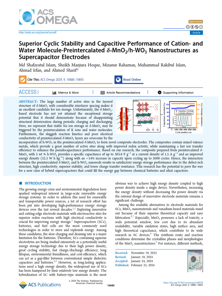 Islam Et Al 2024 Superior Cyclic Stability and Capacitive Performance ...