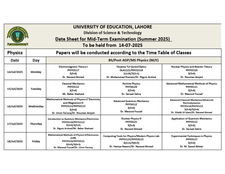 Date Sheet-Summer 2025 (Mid Term) - 1 | PDF | Physics | Mechanics
