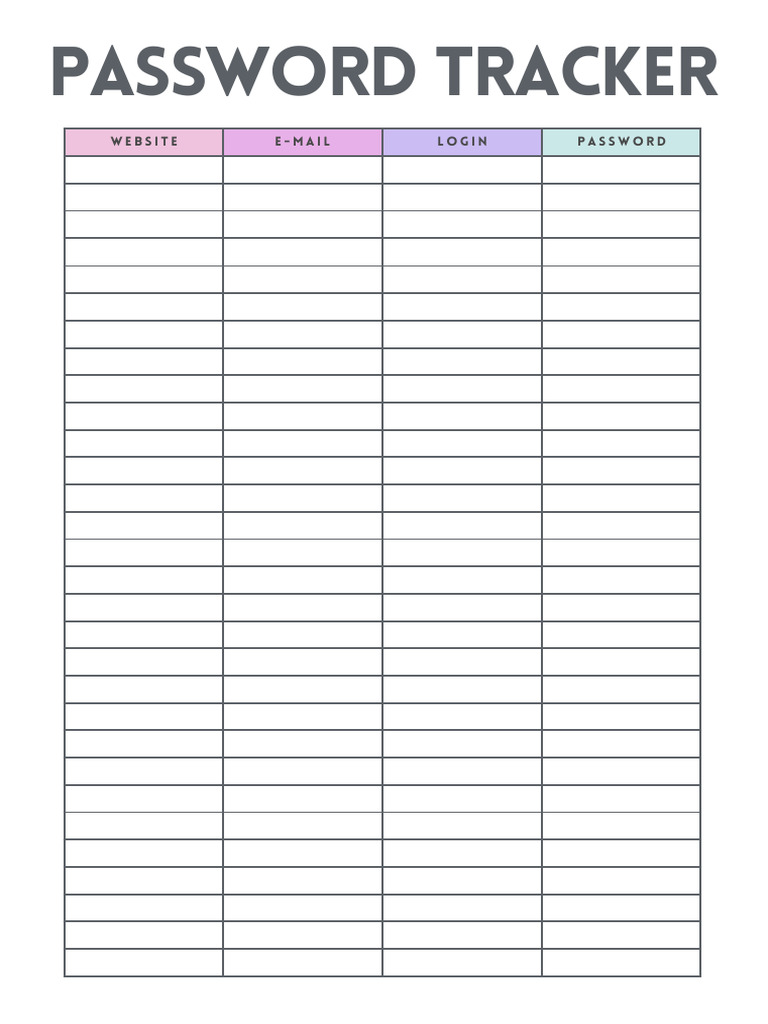 Colorful Clean Rainbow Password Tracker Planner | PDF