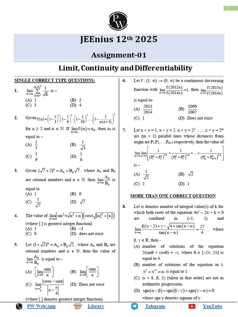 Limit Continuity and Differentiability Assignment 01 Only PDF 6 | PDF ...