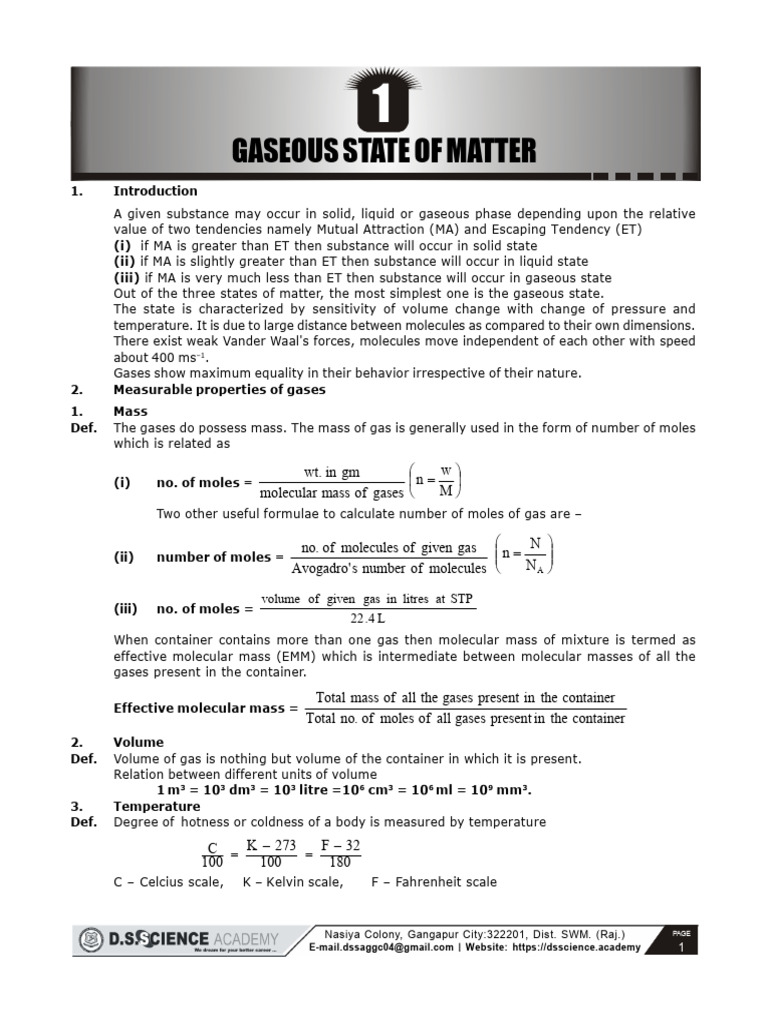 Gaseous Matter of State Notes | PDF | Gases | Temperature