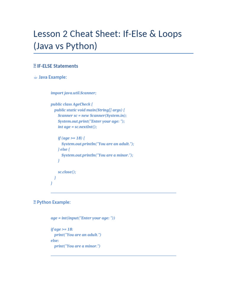 Lesson2 IfElse Loops CheatSheet | PDF