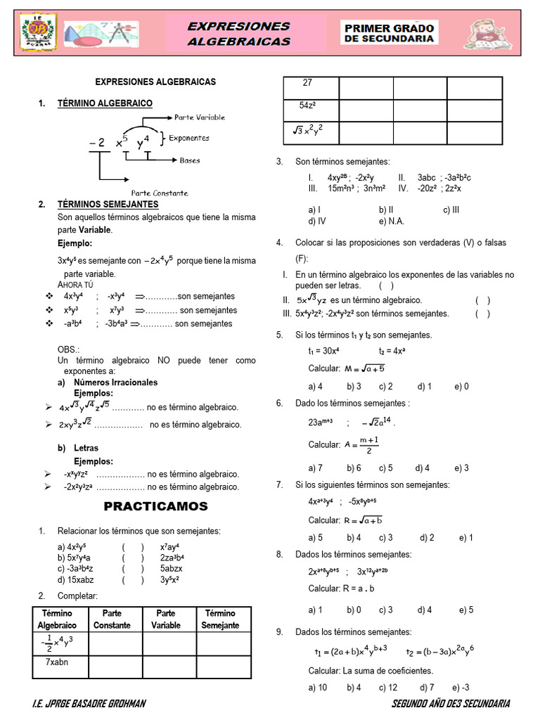 Expresiones Algebraicas | PDF | Fórmula | Matemática Elemental