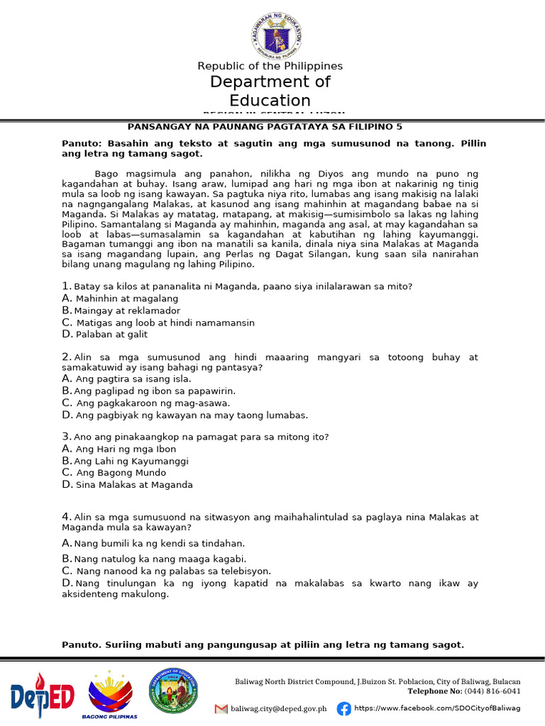 Filipino 5 Diagnostic Test | PDF
