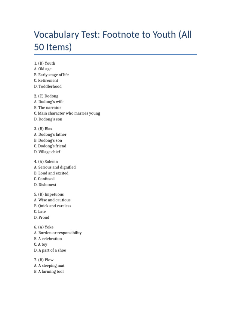 Vocabulary Test Footnote To Youth All 50 | PDF