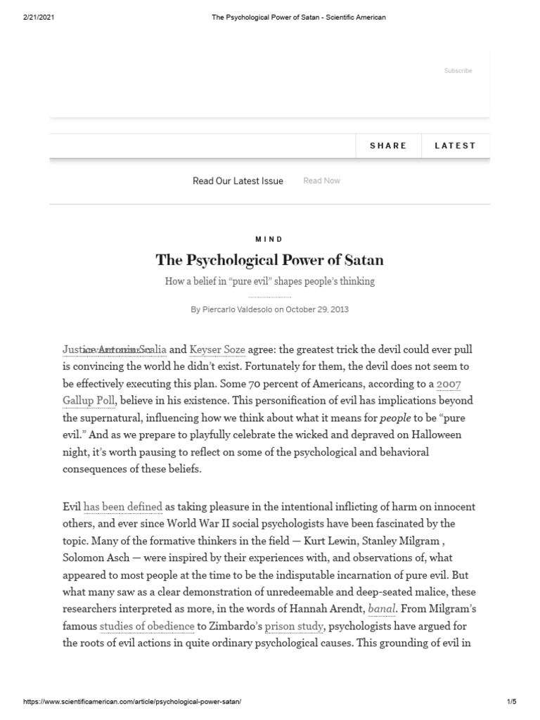 The Psychological Power of Satan - Scientific American | PDF | Evil | Satan