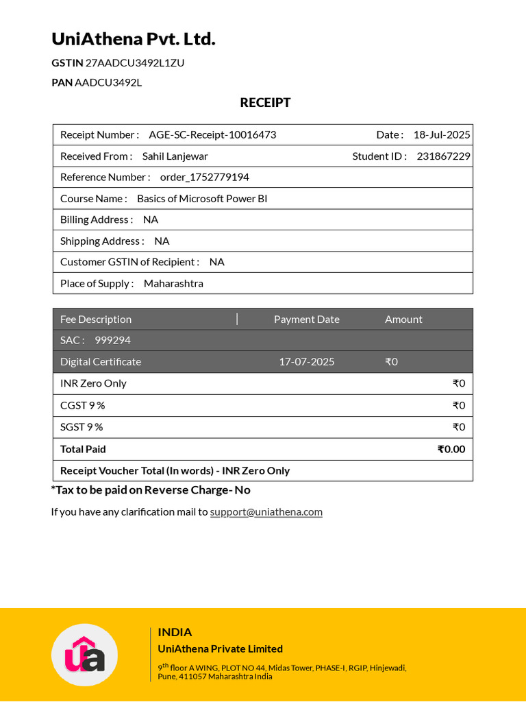 UniAthena Pvt. Ltd. Receipt Details | PDF