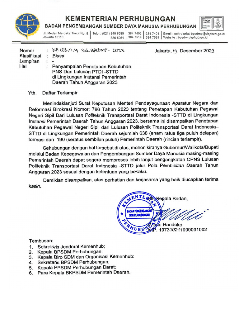 Penempatan CPNS Lulusan STTD Tahun 2023 Pola Pembibitan (Polbit ...