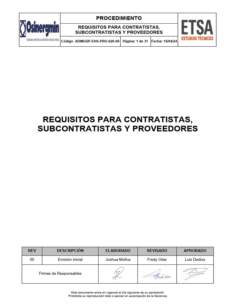 Requisitos para Contratistas Subcontratistas y Proveedores SSOMMA | PDF | Seguridad y salud ...