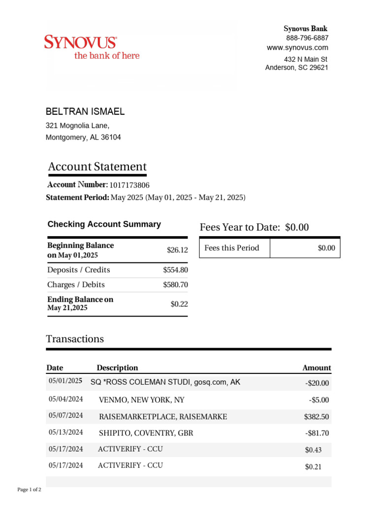 Synovus Statement Jul 1 | PDF | Transaction Account | Banking Technology