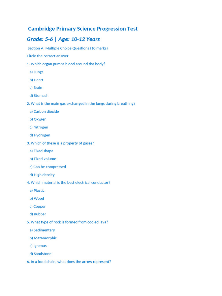Cambridge Primary Science Test Grade 5-6 | PDF | Oxygen | Blood