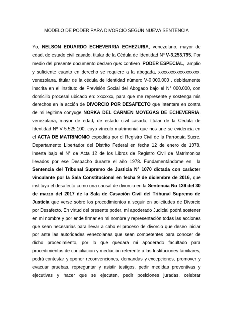 Modelo de Poder para Divorcio Según Nueva Sentencia | PDF | Divorcio | Justicia