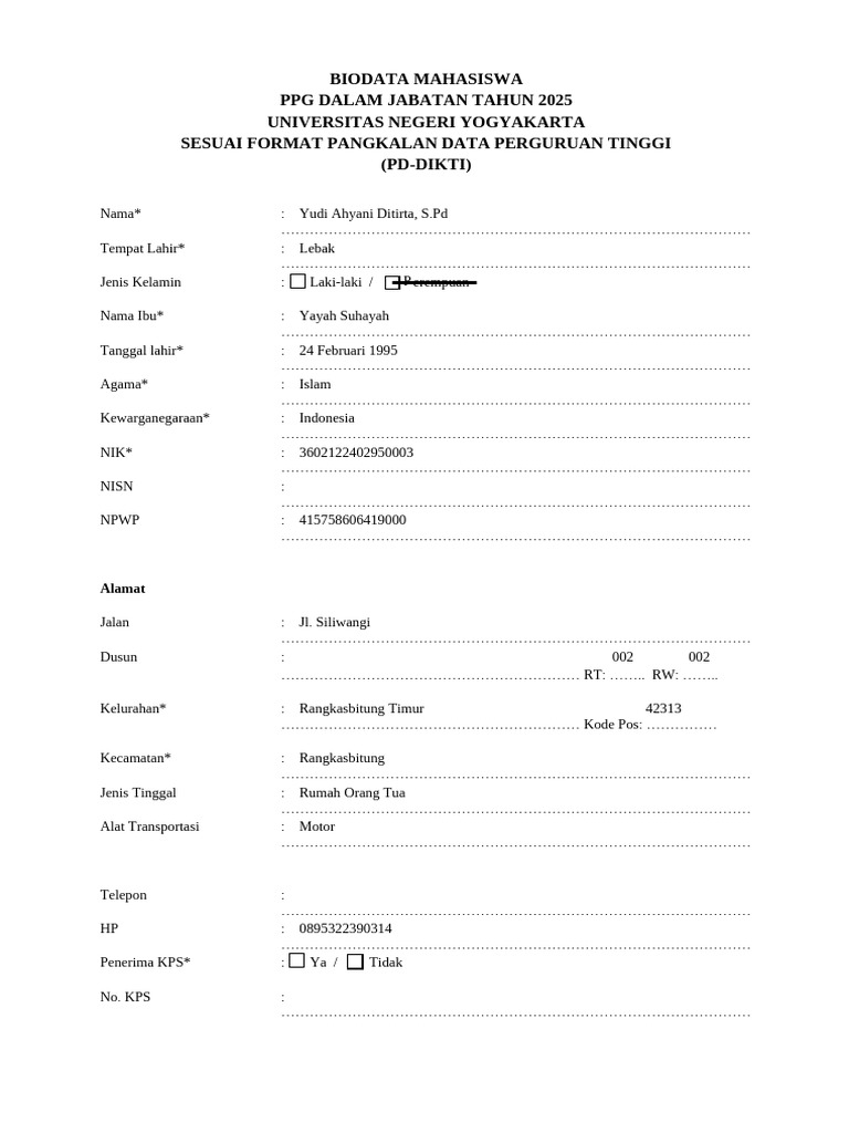 Biodata PPG 2025 Uny | PDF