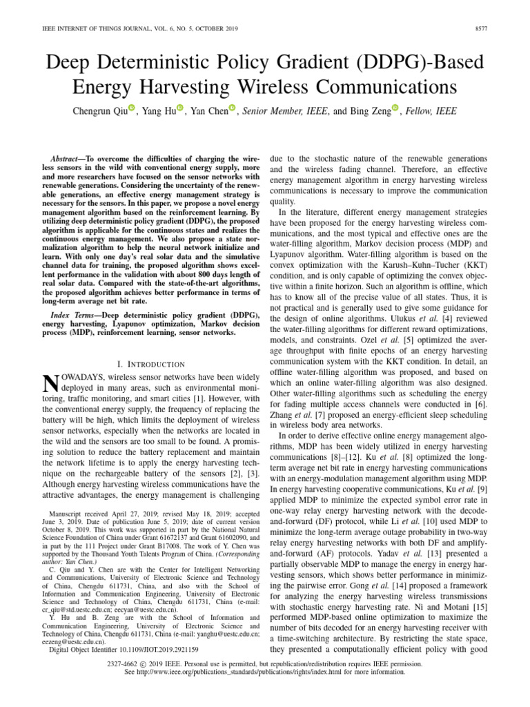 Deep Deterministic Policy Gradient DDPG-Based Energy Harvesting Wireless Communications | PDF ...