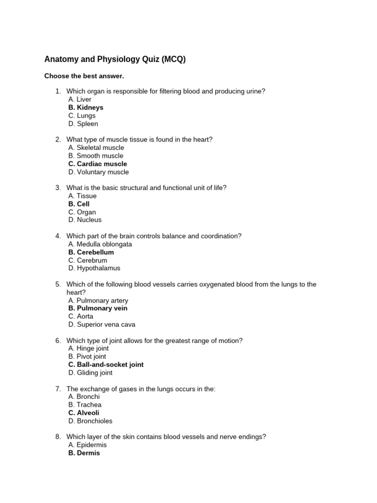 Anatomy and Physiology Quiz (MCQ) | PDF