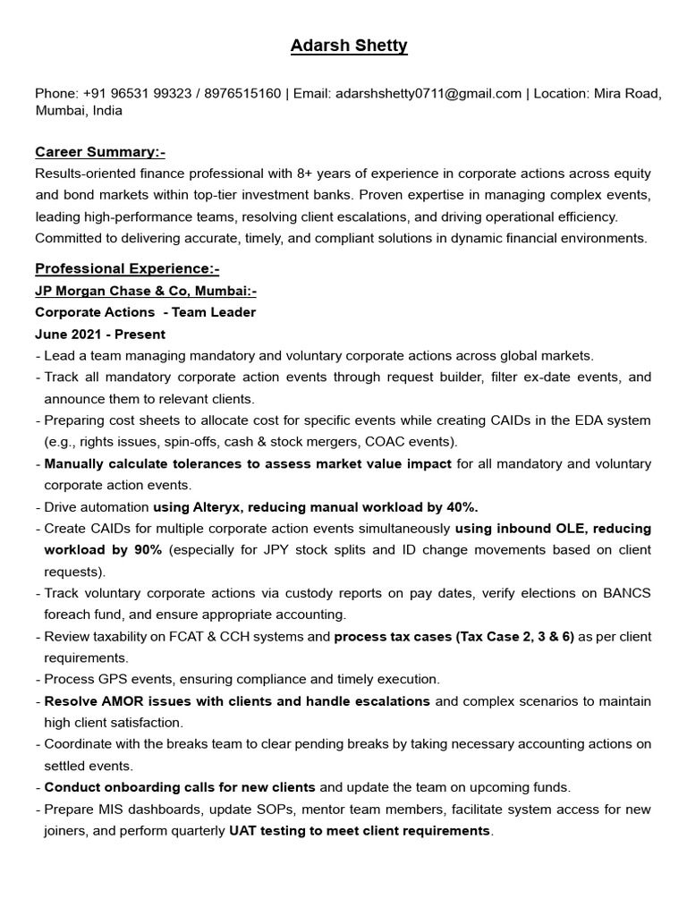 Adarsh - Shetty - Resume 33 | PDF | Business