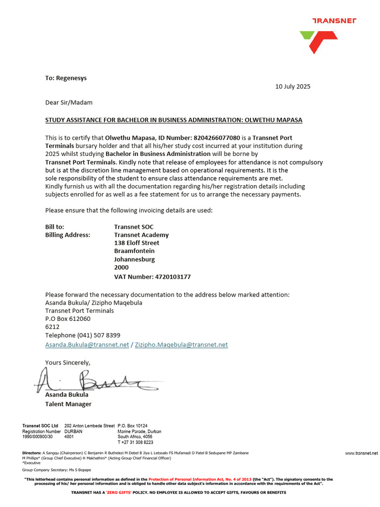 Transnet Bursary Letetr Sample | PDF