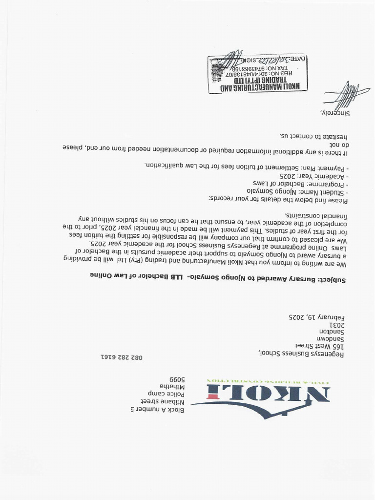 Self Employed Bursary Letter Sample | PDF