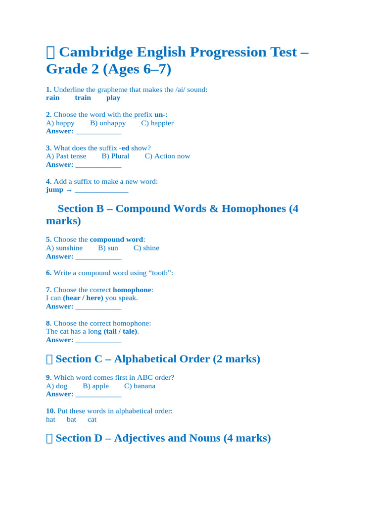 Grade 2 English Progression Test | PDF