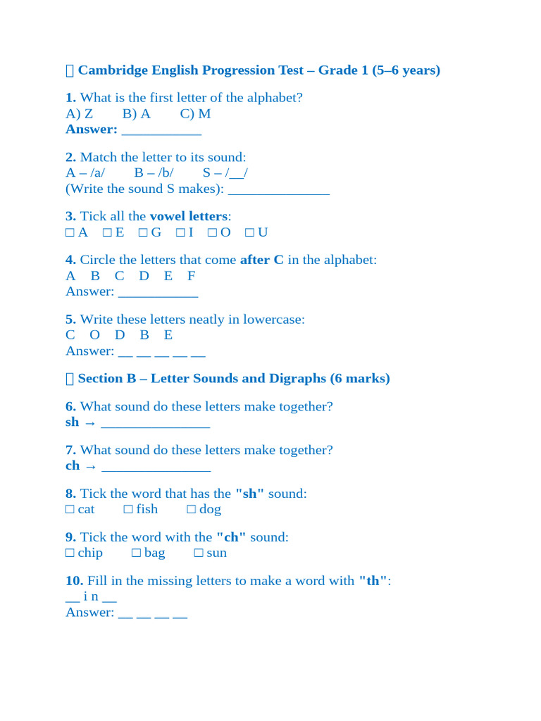 Grade 1 Cambridge English Progression Test | PDF