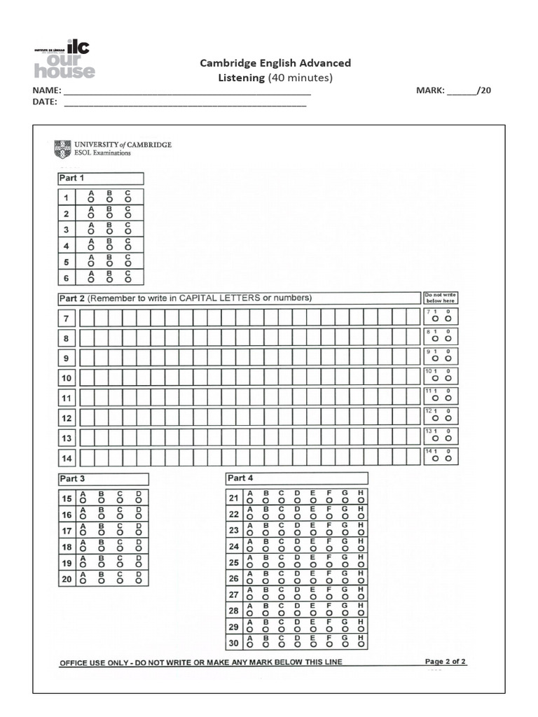 Answer Sheet CAE - Listening | PDF