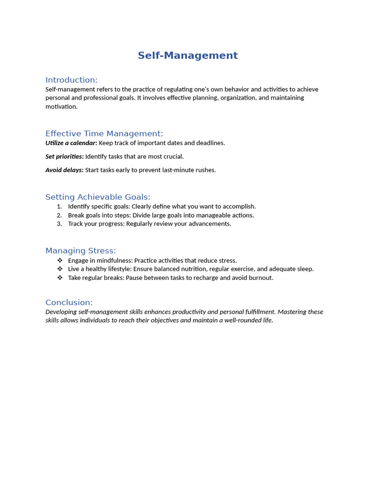 Mastering Self-Management Skills | PDF