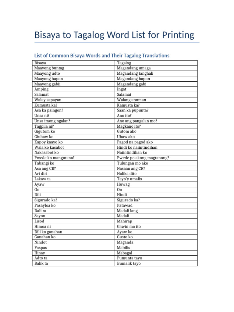 Bisaya To Tagalog Word List | PDF