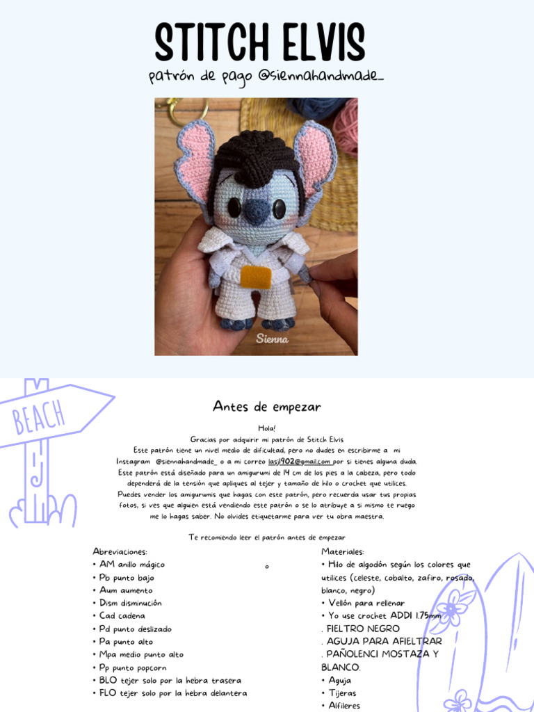 Patrón Amigurumi Stitch Elvis | PDF | Textiles | Costura