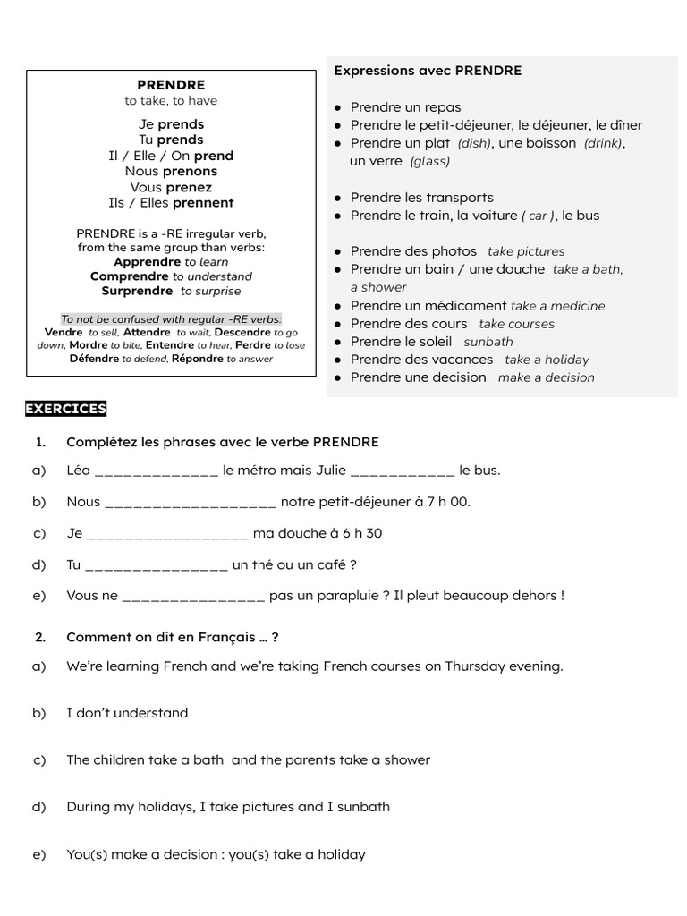 Conjugaison et expressions du verbe Prendre | PDF