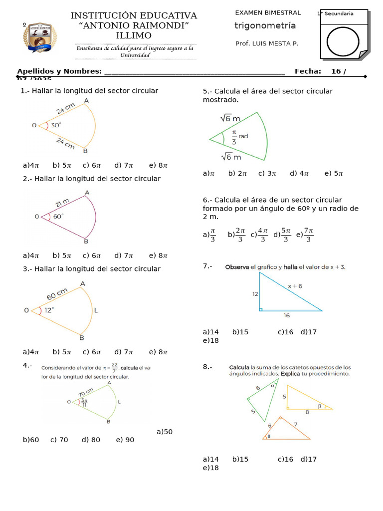 Examen 2do Bimestre Trigonometria 1ro de Sec | PDF