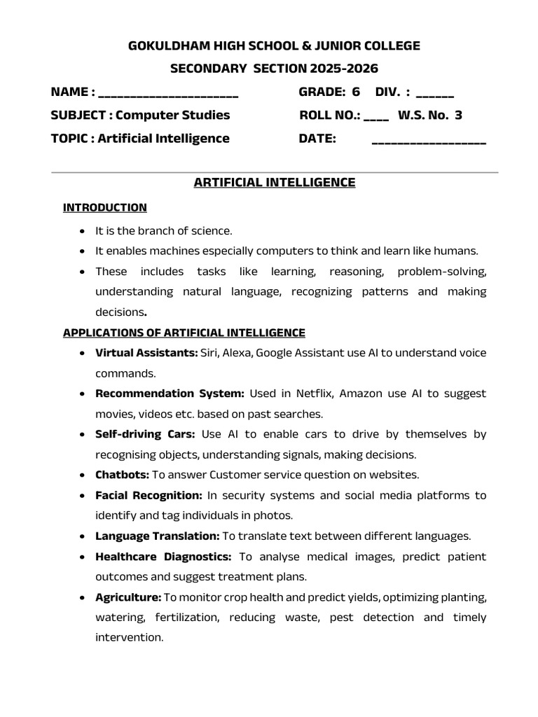 AI Overview for Grade 6 Students | PDF | Artificial Intelligence ...